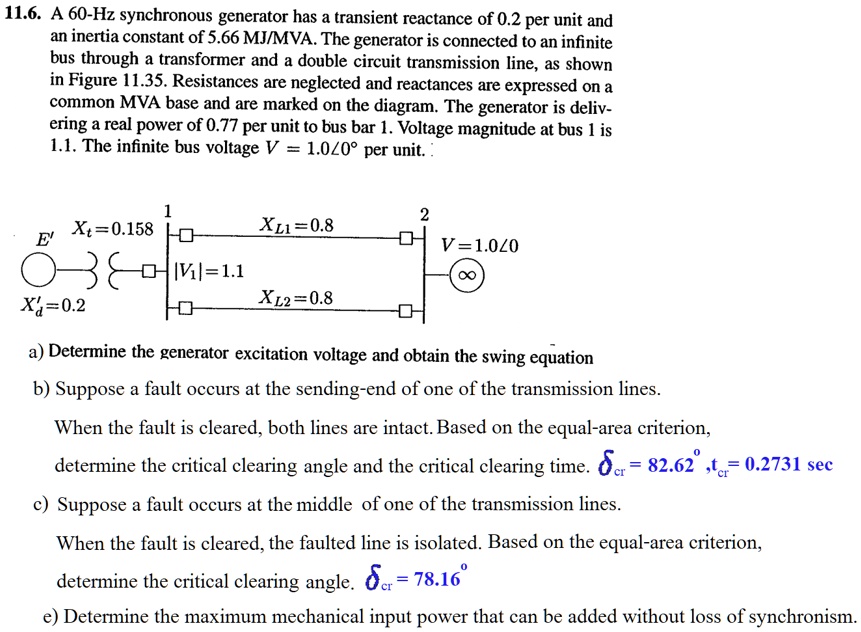 SOLVED: 11.6. A 60-Hz synchronous generator has a transient reactance ...