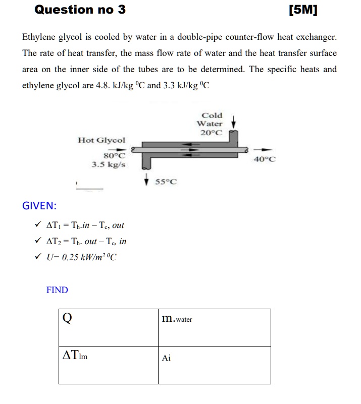 SOLVED: Question no 3 [5M] Ethylene glycol is cooled by water in a ...