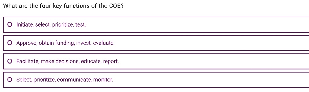 SOLVED: What are the four key functions of the CoE? Initiate, select ...