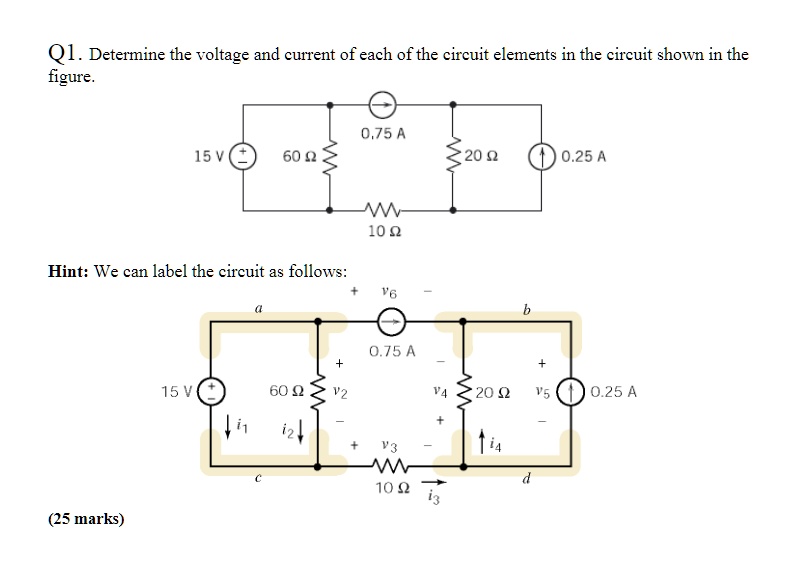 SOLVED: Q1. Determine the voltage and current of each of the circuit elements in the circuit ...