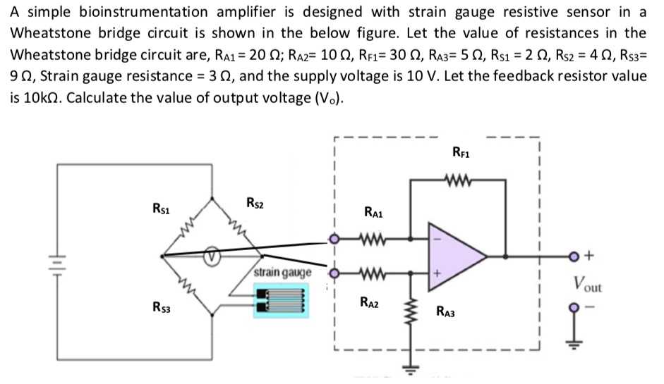 SOLVED: A simple bioinstrumentation amplifier is designed with a strain gauge resistive sensor ...