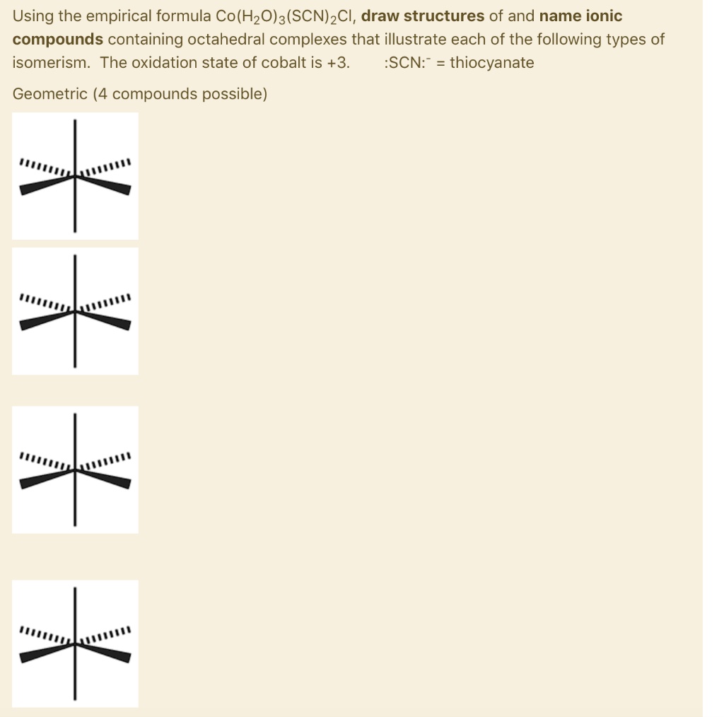 using the empirical formula coh2o3scn2cl draw structures of and name ionic compounds containing ...