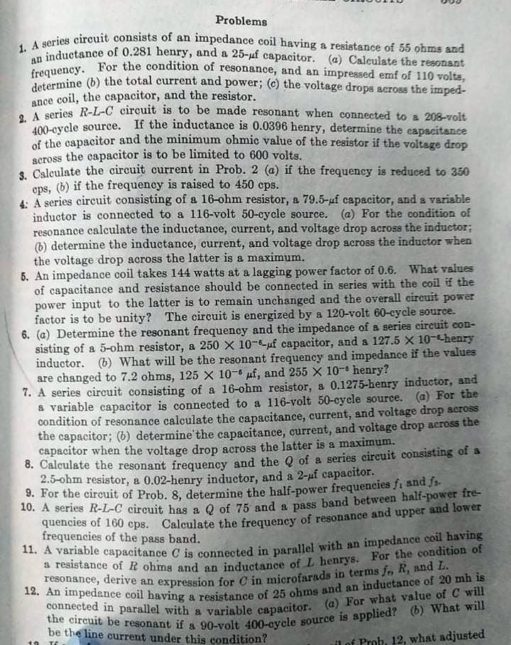 Solved Inductor Is Connected To A 116 Volt 50 Cycle Source For The Condition Of Resonance