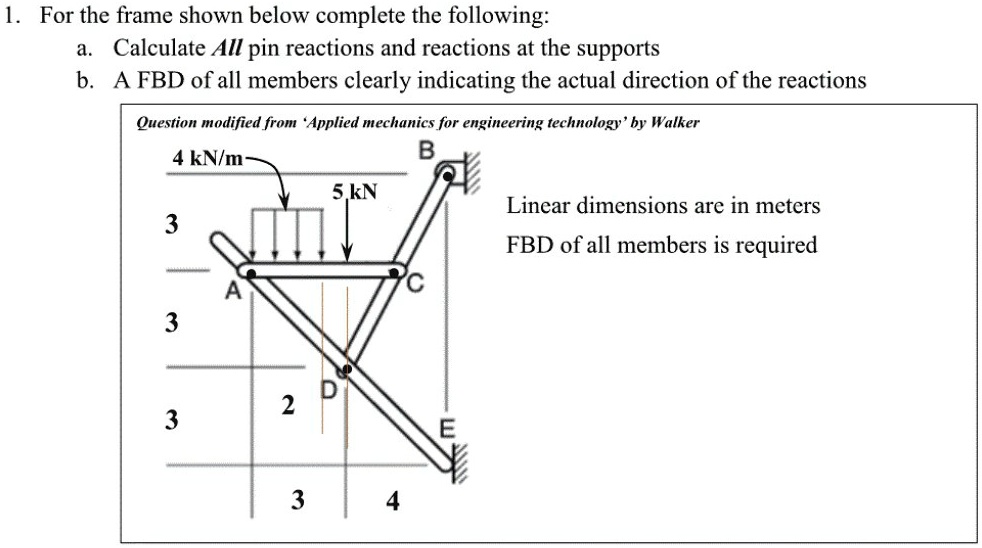 For the frame shown below, complete the following: a. Calculate all pin ...