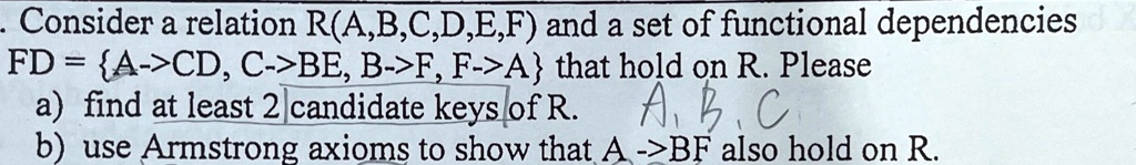 Consider a relation R(A,B,C,D,E,F) and a set of functional dependencies FD = {A->CD, C->BE, B->F ...