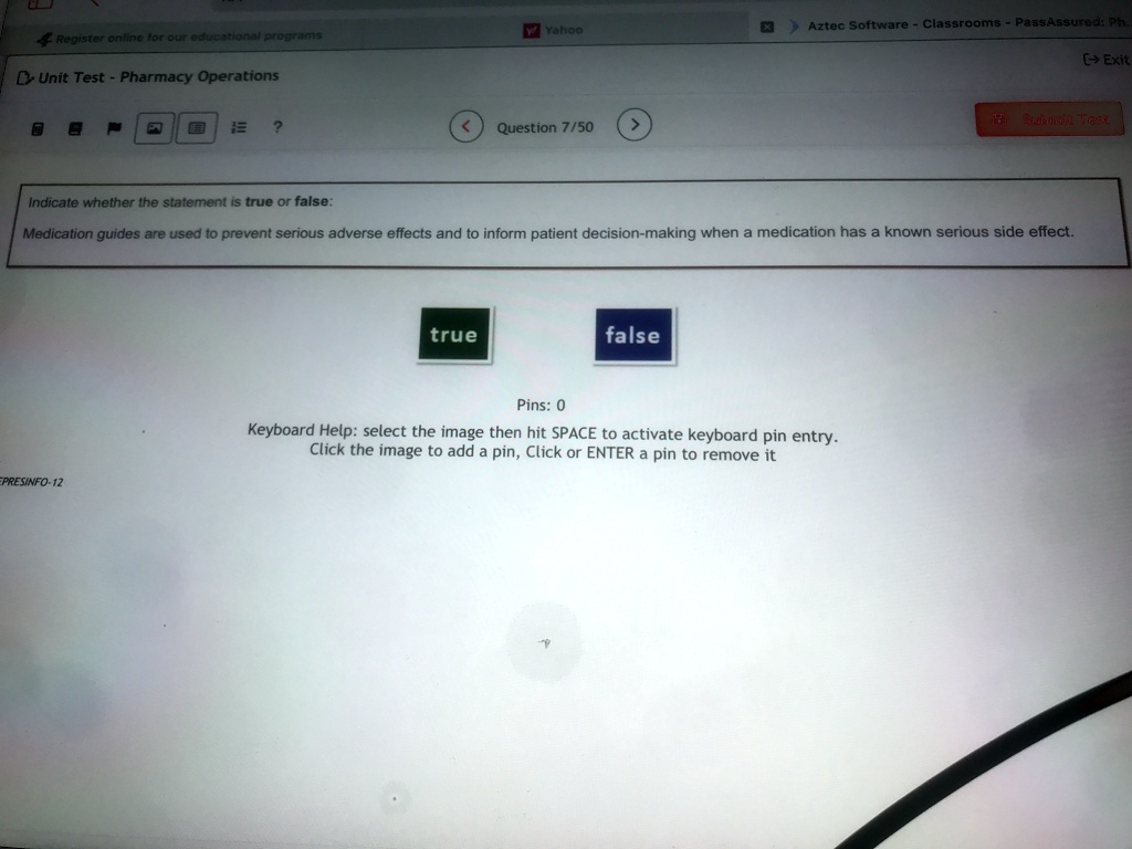 SOLVED: 0Q. Unit Test - Pharmacy Operations Indicate whether the ...