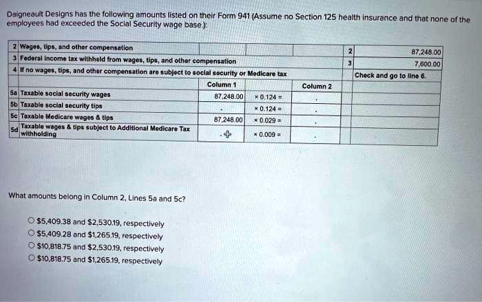 Dsigneault Designs has the following amounts listed on their Form 941 ...