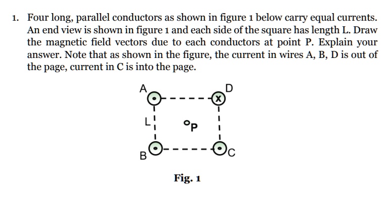 Four long, parallel conductors as shown in Figure 1 below carry equal ...