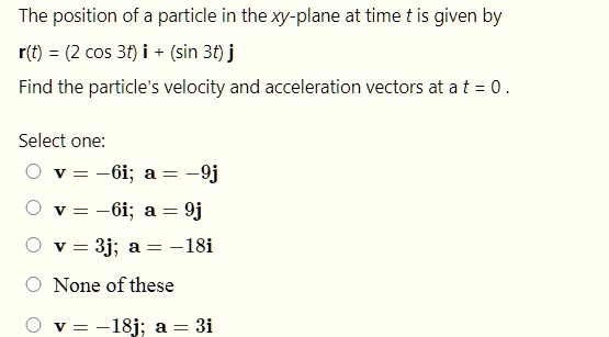 The position of a particle in the xy-plane at time t is given by r(t) = (2 cos 3t) i + (sin 3t ...