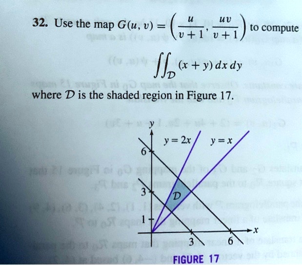 SOLVED: 32. Use the map G(u, v) = 6+,) = to compute fI (x + Y) dx dy where D is the shaded ...