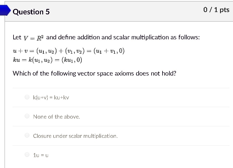 SOLVED: Let V = R^2 and define addition and scalar multiplication as follows: u + v = (u1, u2 ...