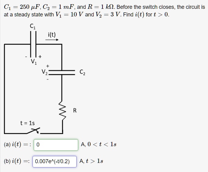 C? = 250 µF, C? = 1 mF, and R = 1 k?. Before the switch closes, the circuit is at a steady state ...