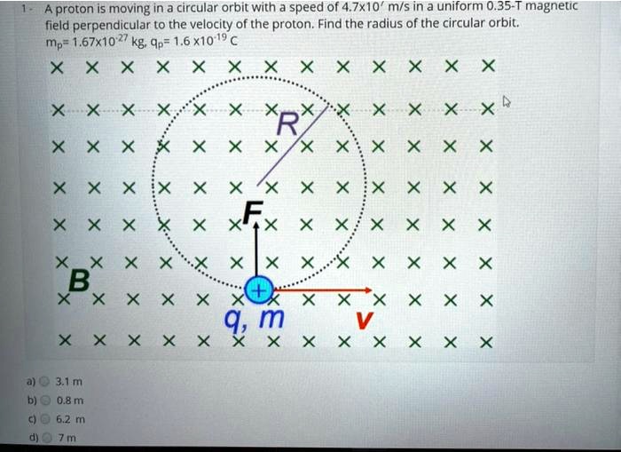 SOLVED: A proton is moving in a circular orbit with a speed of 4.7x10^6 m/s in a uniform 0.35-T ...