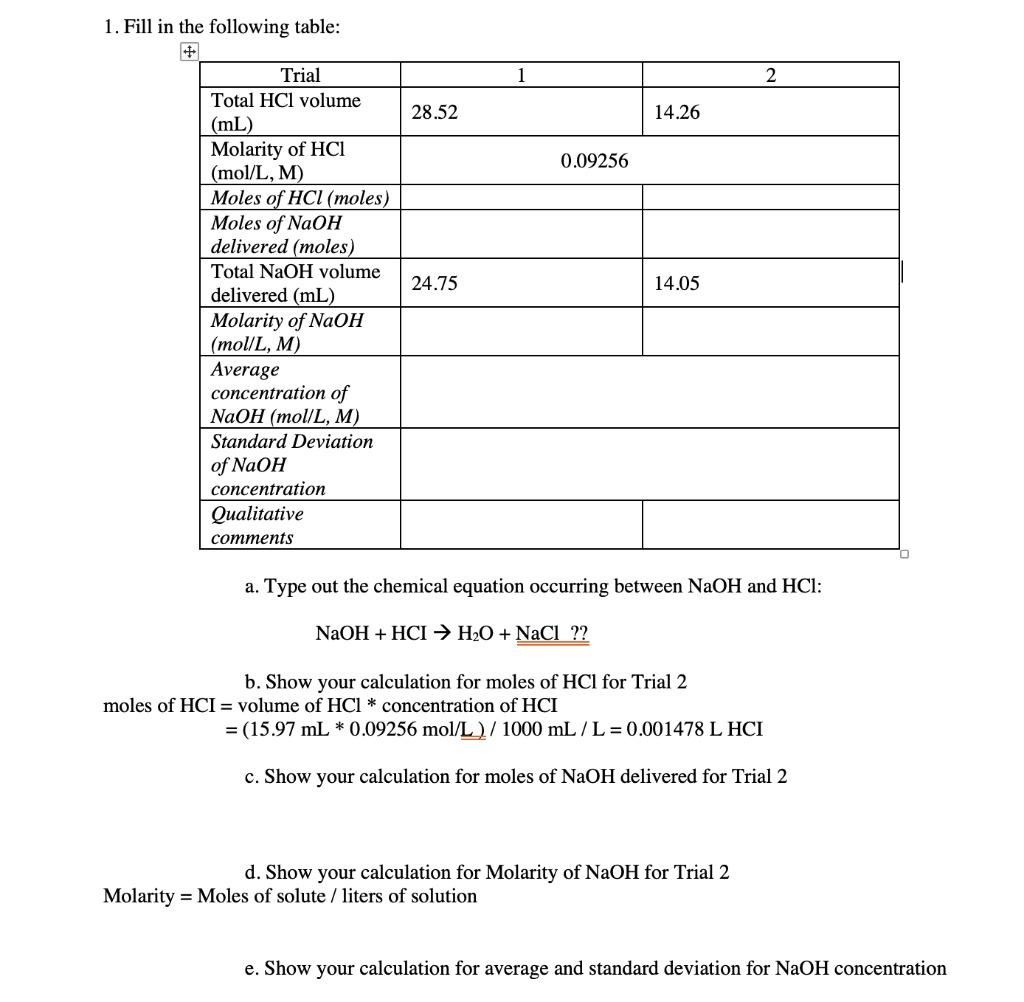 1. Fill in the following table: + Trial 1 2 Total HCl volume 28.52 14.26 (mL) Molarity of HCI 0. ...