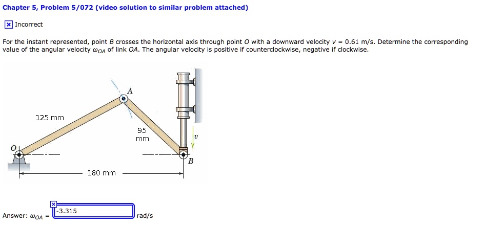 Chapter 5, Problem 5/072 (video solution to similar problem attached) Incorrect: For the instant ...