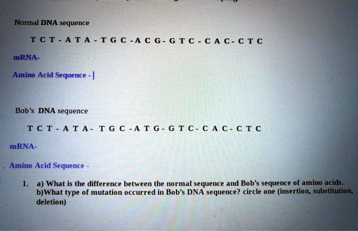 normal dna sequence i t a ta tg a c g g tc c a c c t c mrna aming acid ...