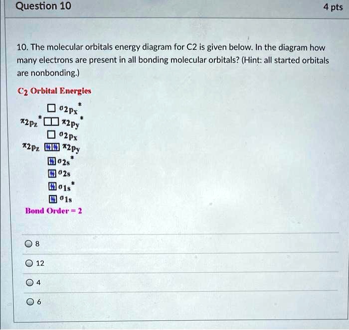 SOLVED: 10. The molecular orbital energy diagram for C2 is given below ...