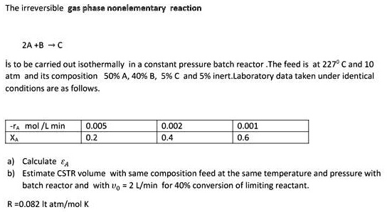 SOLVED: The irreversible gas phase nonelementary reaction 2A+BC is to ...