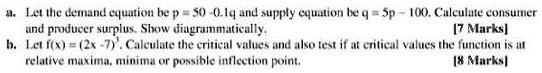SOLVED: Let the demand equation be p = 50 - 0.1q and the supply equation be q = 5p - 100 ...