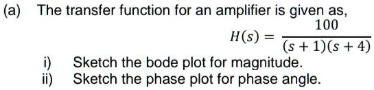 SOLVED: (a) The transfer function for an amplifier is given as 100 H(s) (s + T)(s + 4 Sketch the ...