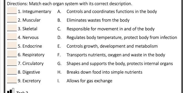 SOLVED: 'Can someone match them? ALL FOR BRAIN LIEST TY!! :D Directions: Match each organ system ...
