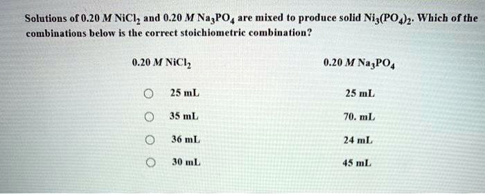 Solutions of 0.20 M NiCl2 and 0.20 M Na3PO4 are mixed to produce solid ...