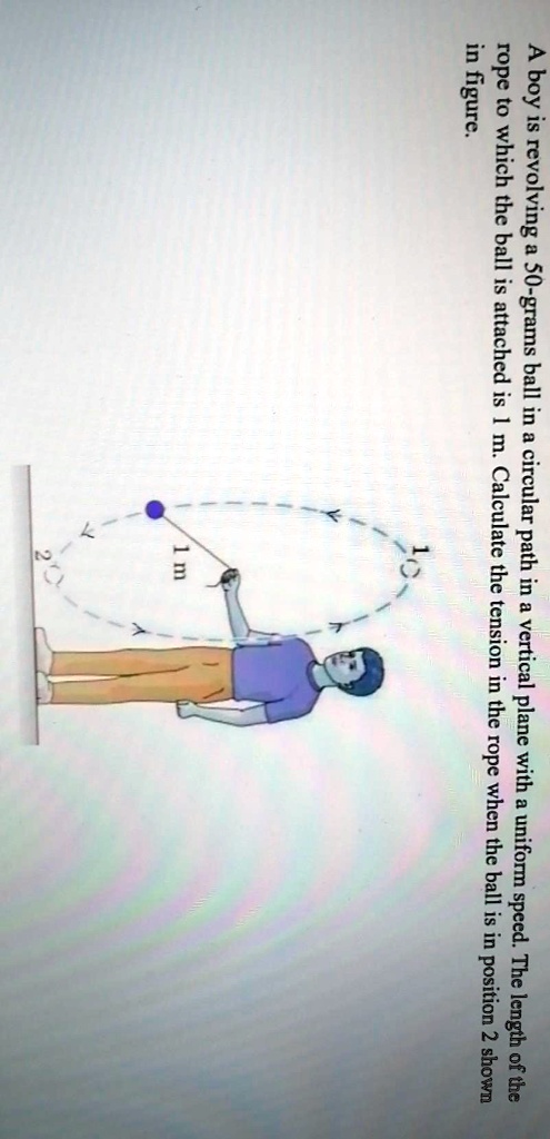 A boy is revolving a 50-grams ball in a circular path in a vertical ...