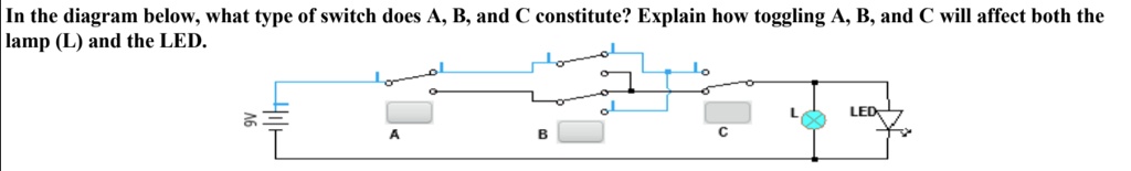 SOLVED: In the diagram below, what type of switch does A, B, and C constitute? Explain how ...