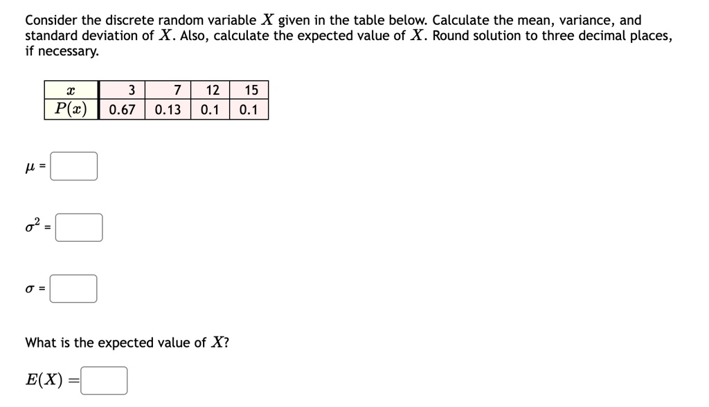 SOLVED: Consider the discrete random variable x given in the table below. Calculate the mean ...