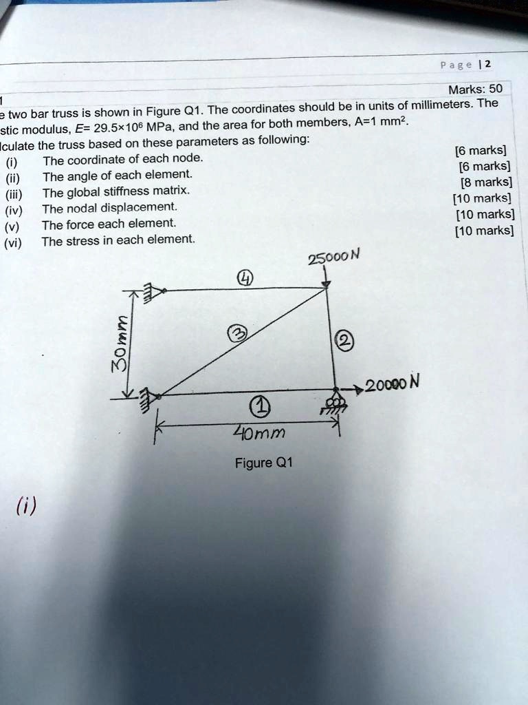 Page 2 Marks: 50 A two-bar truss is shown in Figure Q1. The coordinates ...