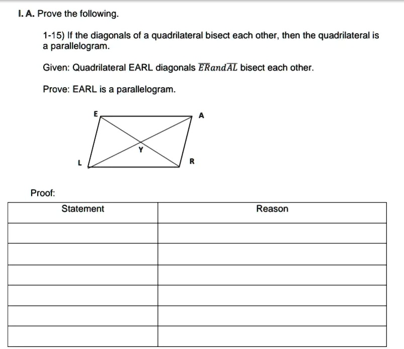 I. A. Prove the following. 1-15) If the diagonals of a quadrilateral bisect each other, then the ...
