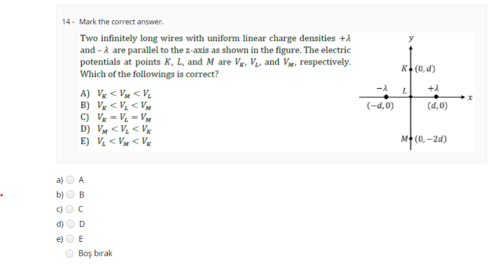 14 - Mark the correct answer. Two infinitely long wires with uniform linear charge densities +λ ...