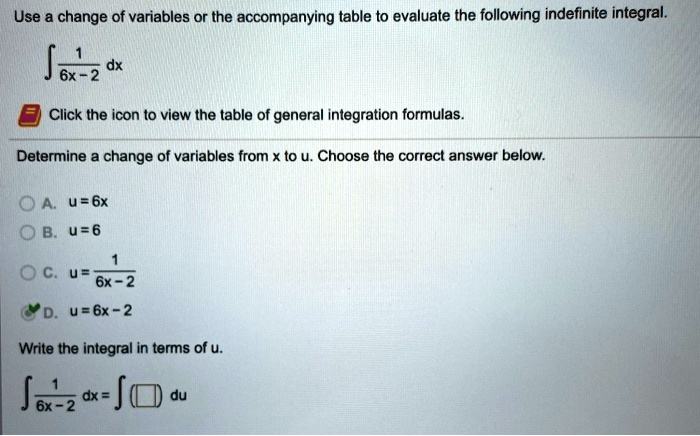 SOLVED:Use change of variables or the accompanying table to evaluate the " following indefinite ...