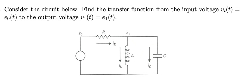 SOLVED: Consider the circuit below. Find the transfer function from the input voltage v;(t) eo(t ...