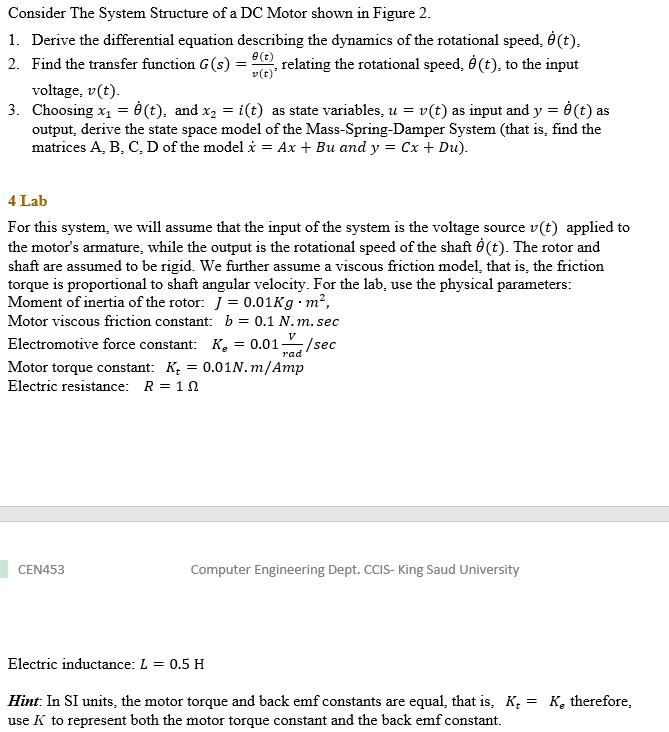 SOLVED: Only solve the lab question. Consider the system structure of a DC motor shown in Figure ...