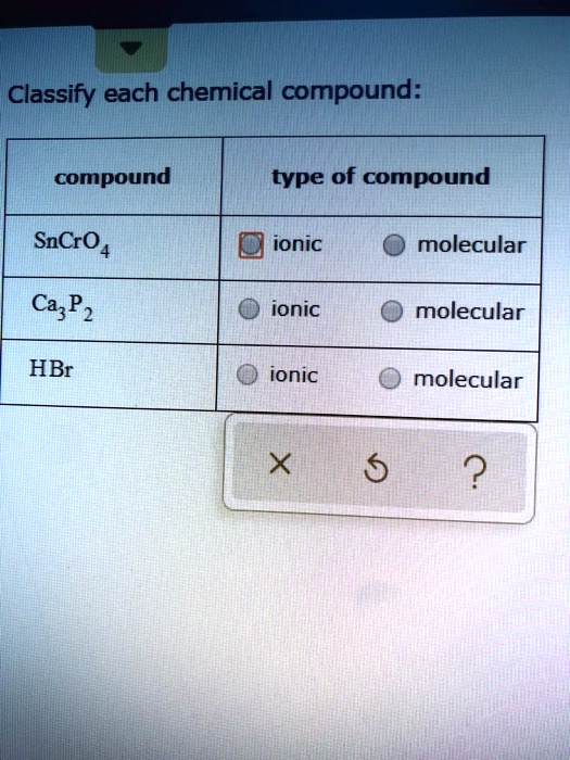 SOLVED: Text: Classify each chemical compound: Compound Type of ...