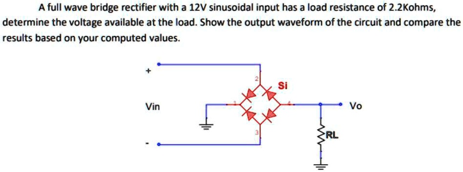 SOLVED: A full wave bridge rectifier with a 12V sinusoidal input has a ...