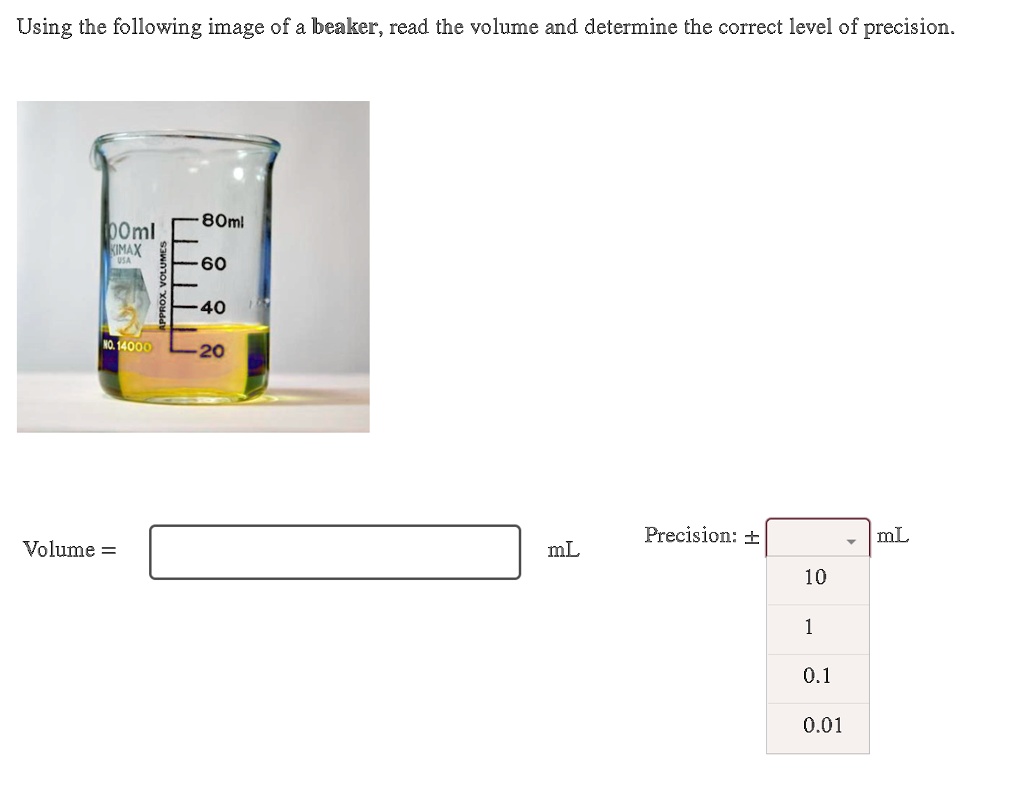 Using the following image of a beaker, read the volume and determine ...