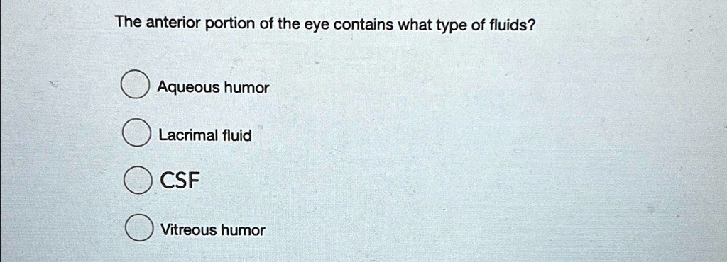 The anterior portion of the eye contains what type of fluids? Aqueous ...