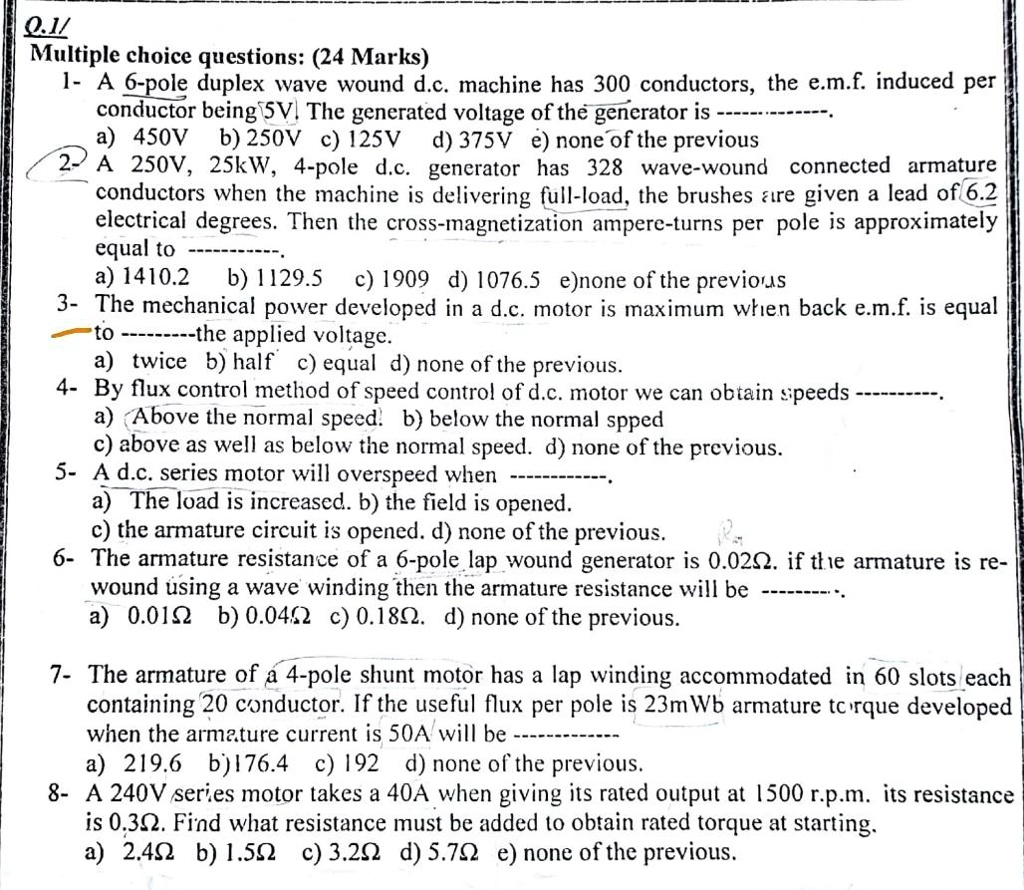 SOLVED: 0.1/ Multiple choice questions: (24 Marks) 1. A 6-pole duplex ...