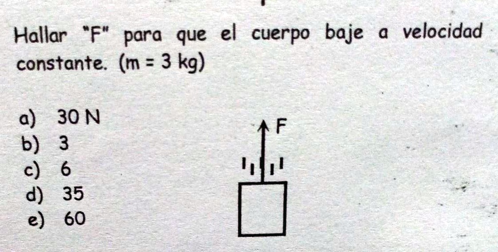 SOLVED: Hallar "F" para que el cuerpo baje a velocidad constante. (m=3kg) Hallar "F" para que el ...