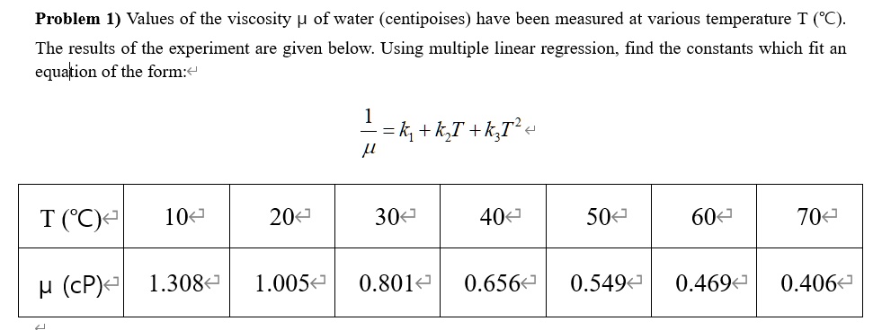 Problem 1) Values of the viscosity ? of water (centipoises) have been ...