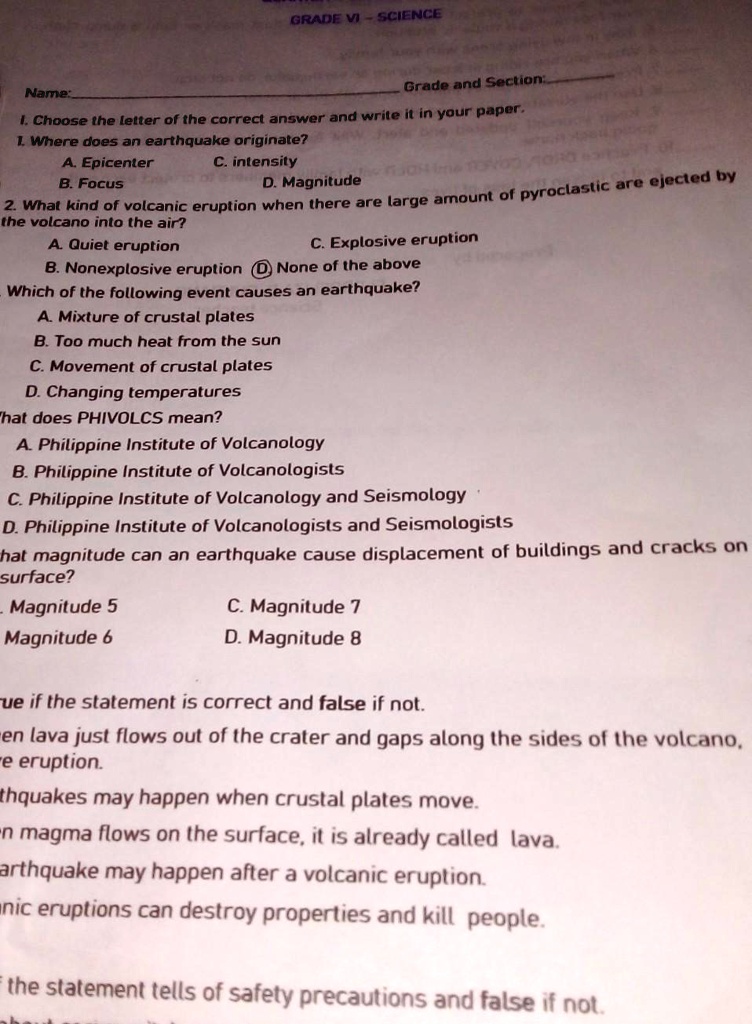 Name: GRADE VI - SCIENCE Grade and Section: 1. Choose the letter of the ...