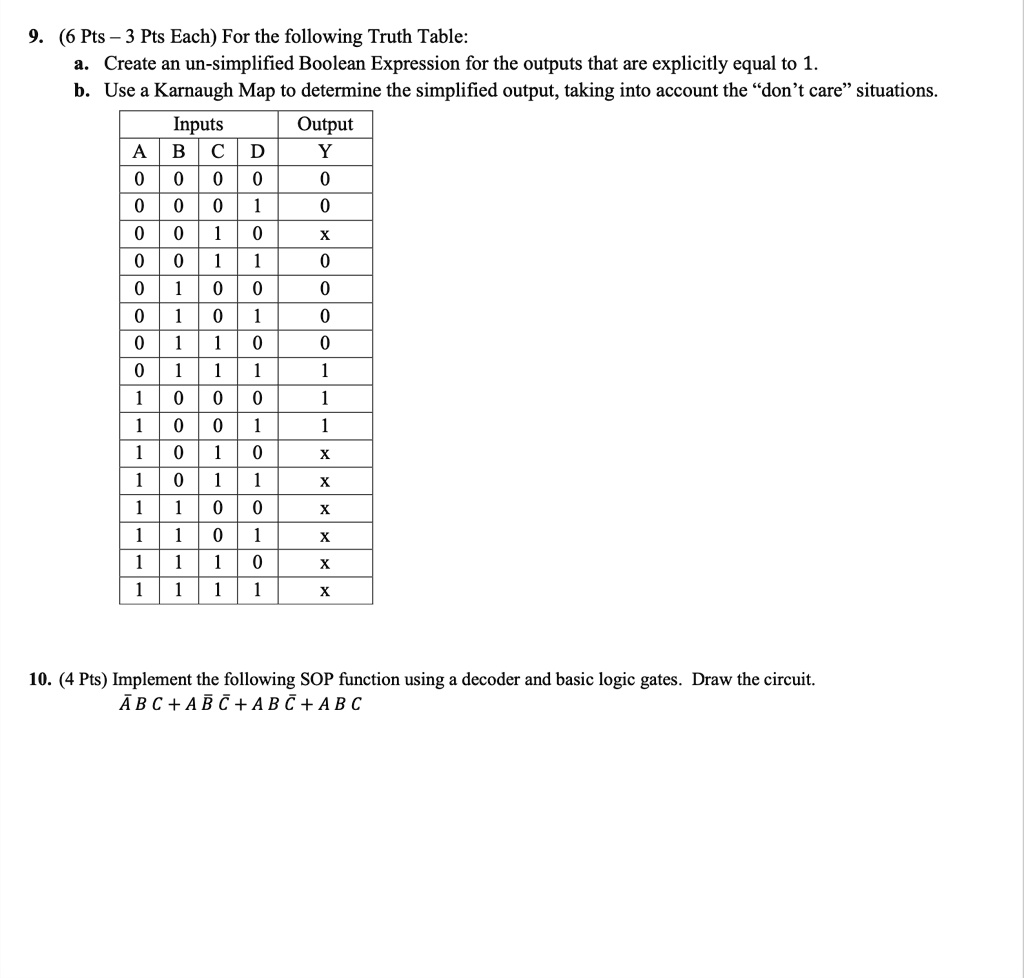 SOLVED: 9.(6 Pts - 3 Pts Each) For the following Truth Table: a. Create ...