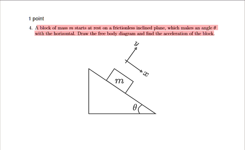 SOLVED: 1 point 4. A block of mass m starts at rest on a frictionless inclined plane, which ...