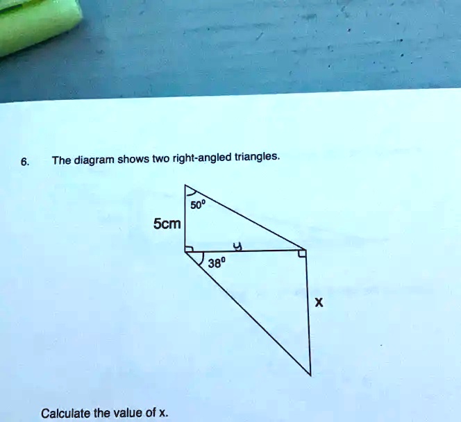 The diagram shows two right-angled triangles. 50" 5cm 380 Calculate the value of x