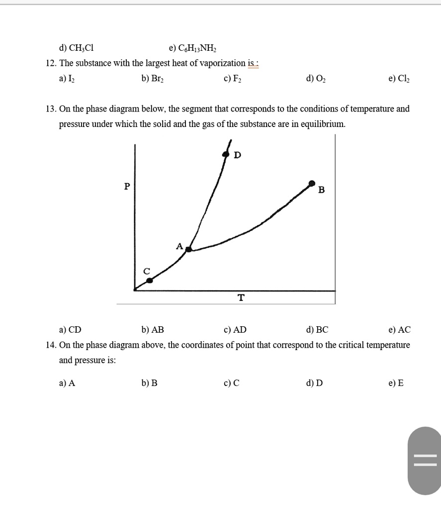 d) CH3Cl e) C6H13NH2 12. The substance with the largest heat of ...