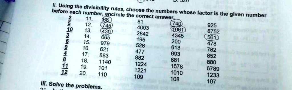 SOLVED: Using the divisibility rules, choose the numbers whose factor is the given number before ...