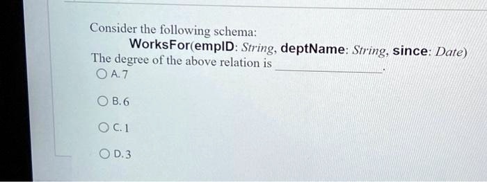 Consider the following schema: WorksFor(empID: String, deptName: String, since: Date) The degree ...