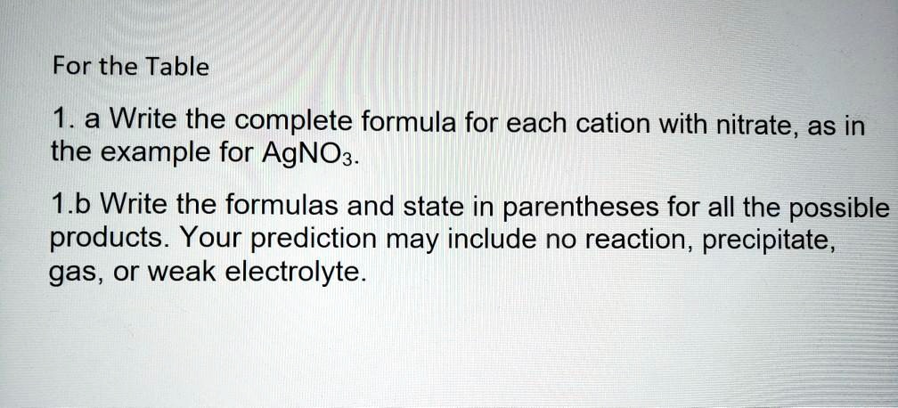 for the table 1 a write the complete formula for each cation with ...